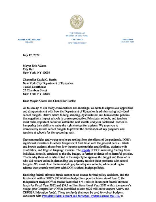 Council Leadership Letter to Mayor & Chancellor re School Budgets - Press