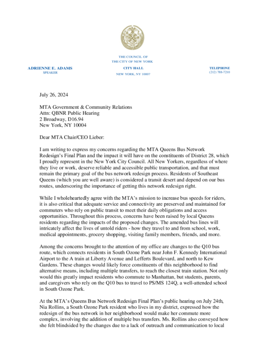 Speaker Adams – Queens Bus Network Redesign Letter - Press