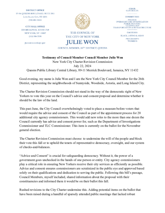 Won In-Person Charter Revision Commission Testimony 7_22_24 - Press
